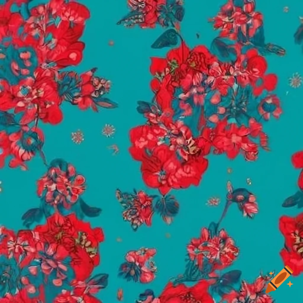 Repeating flower and vine print in red, teal, blue, and aqua on Craiyon
