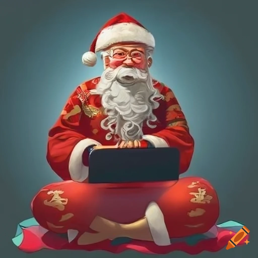 Laotian santa with a laptop surrounded by a mountain landscape on Craiyon