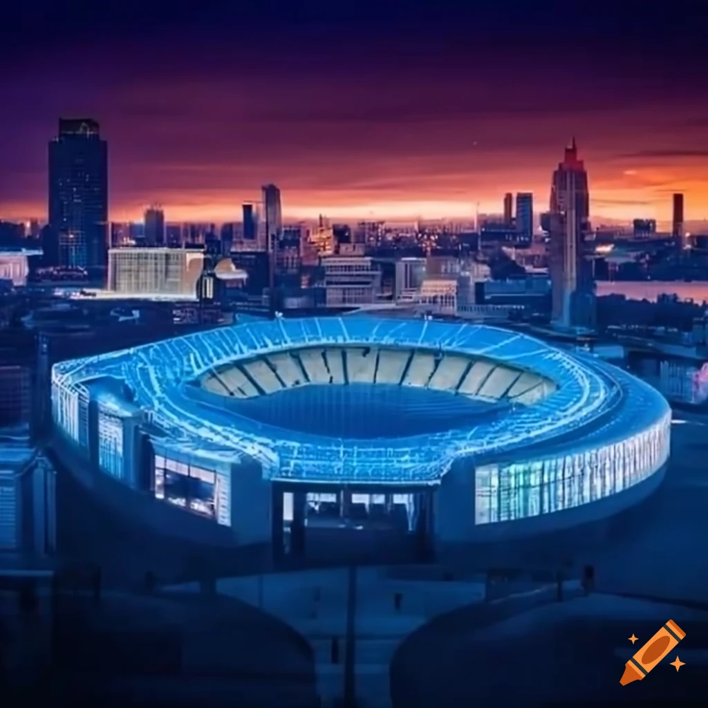 Aerial view of detroit lions stadium with city skyline in the ...