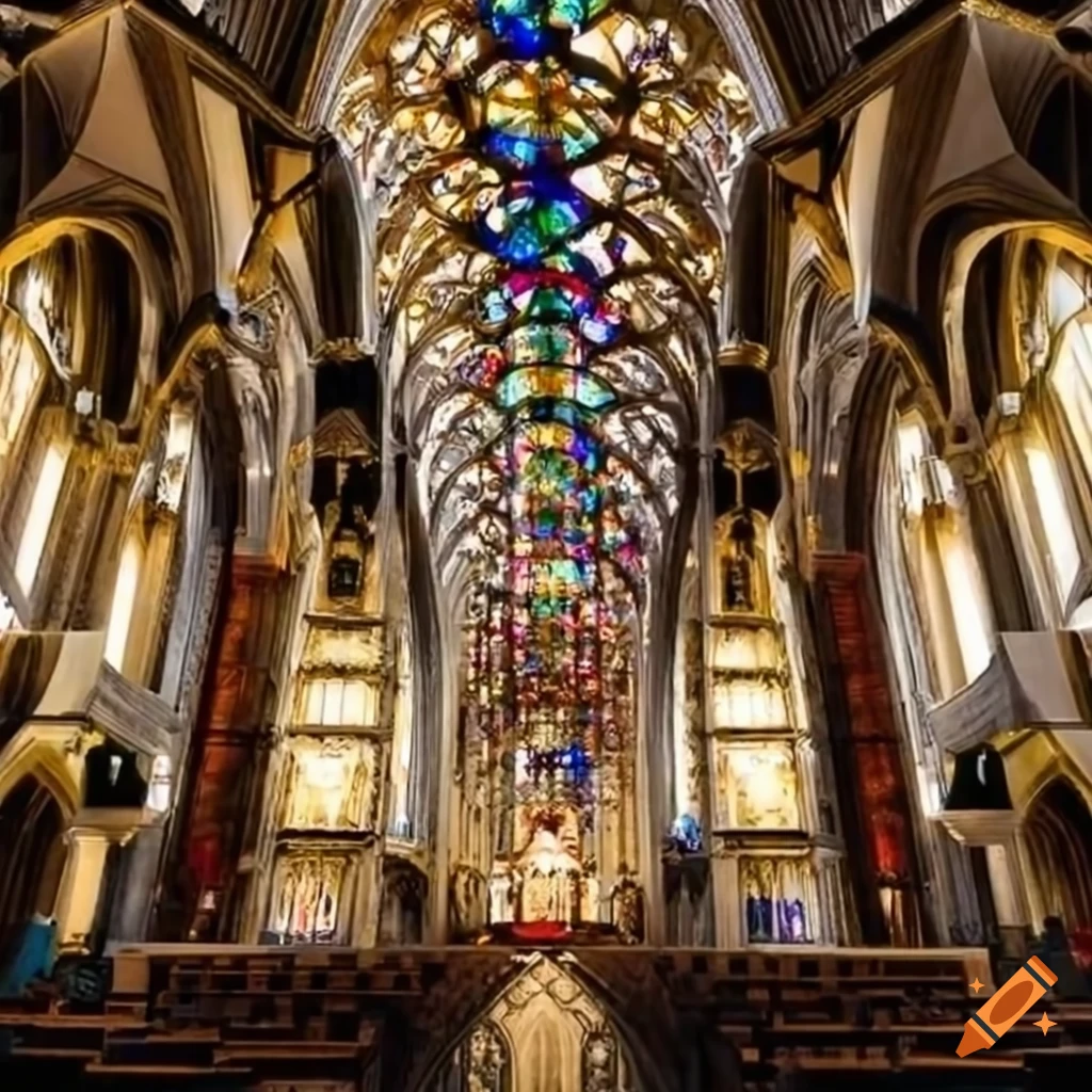 Interior of a modern cathedral with gemstone decorations on Craiyon
