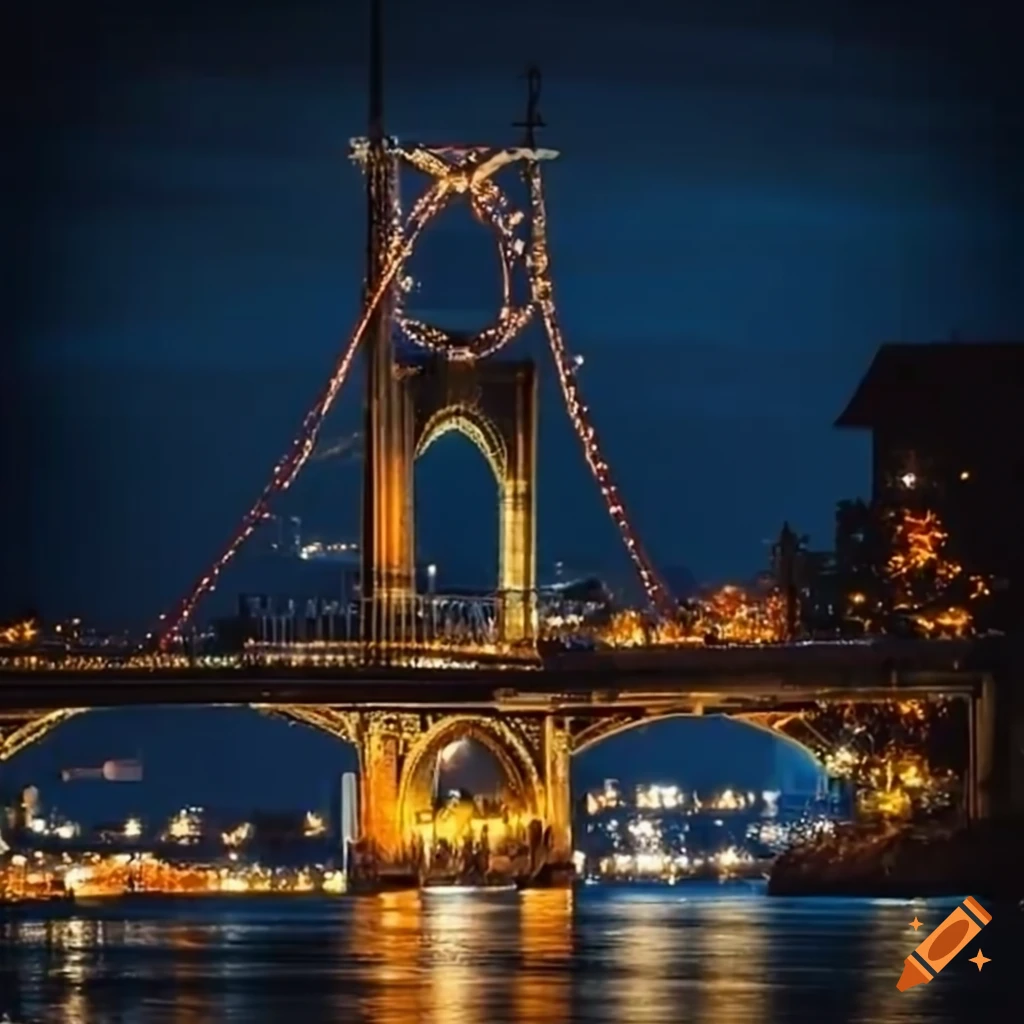 Couple walking a dog on st. john's bridge in portland on Craiyon