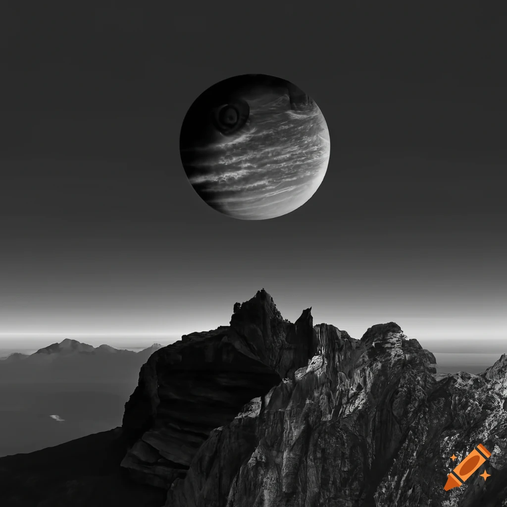 Monochrome image of a cliff overlooking planets in outer space