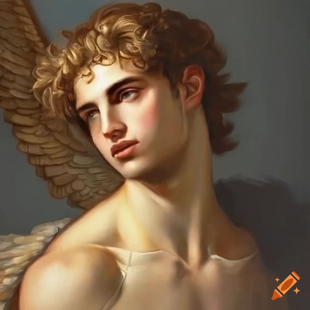 Classic oil painting of a handsome male angel on Craiyon