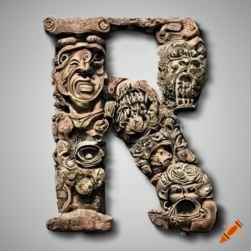 Ultra realistic stone letter 'a' with etruscan masks