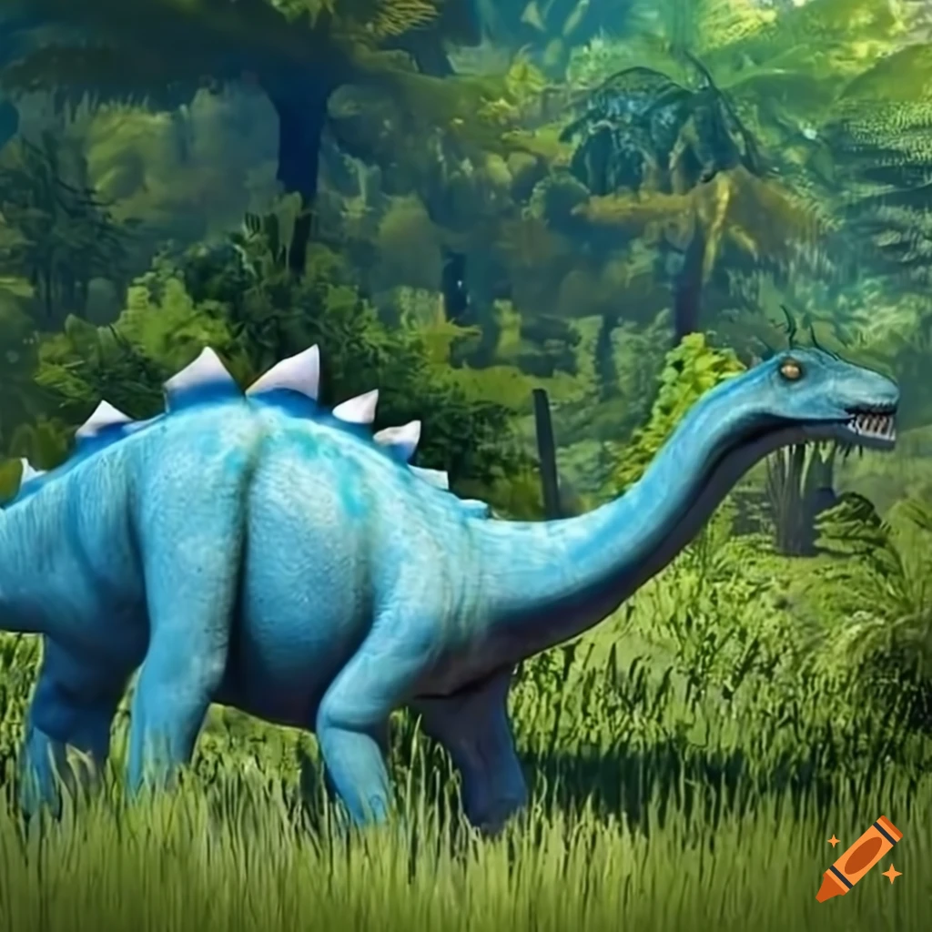Image of a giant blue stegosaurus in a wild vegetation on Craiyon