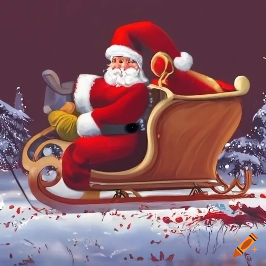 Santa claus leaving on a sleigh with a forgotten gift in the background ...