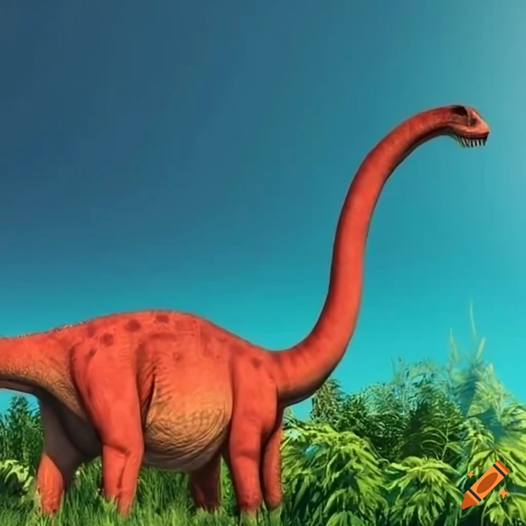 Image of a giant red brachiosaurus in tall sunny vegetation on Craiyon