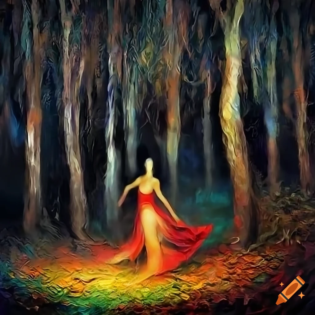 Detailed black and white drawing of witches dancing in the forest