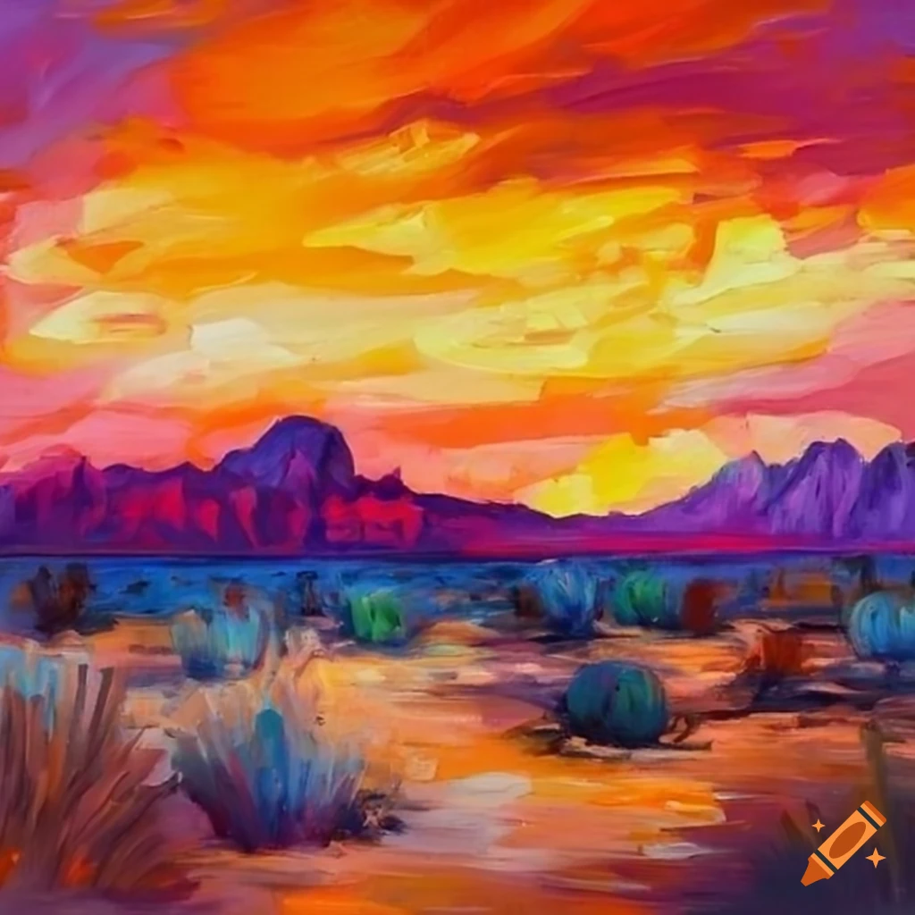 Oil painting of colorful desert landscape with cactus on Craiyon