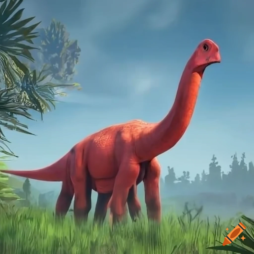 Image of red brachiosaurus in wild vegetation on Craiyon