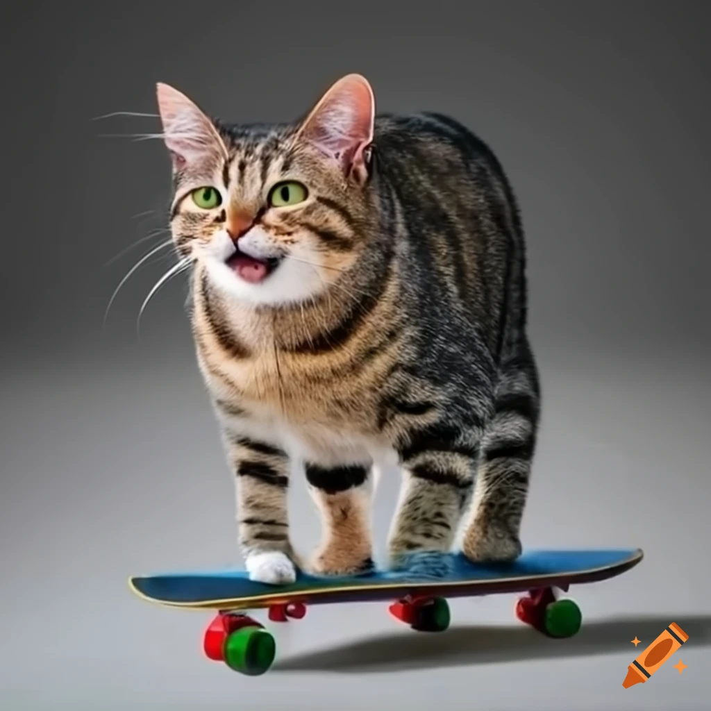 Smiling tabby cat skateboarding on Craiyon