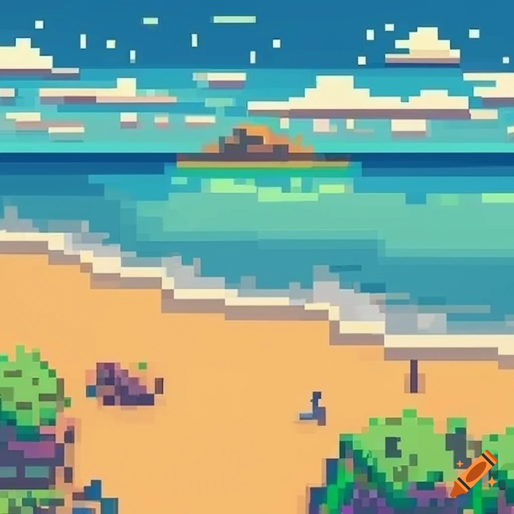Pixel art of a beach and the ocean on Craiyon