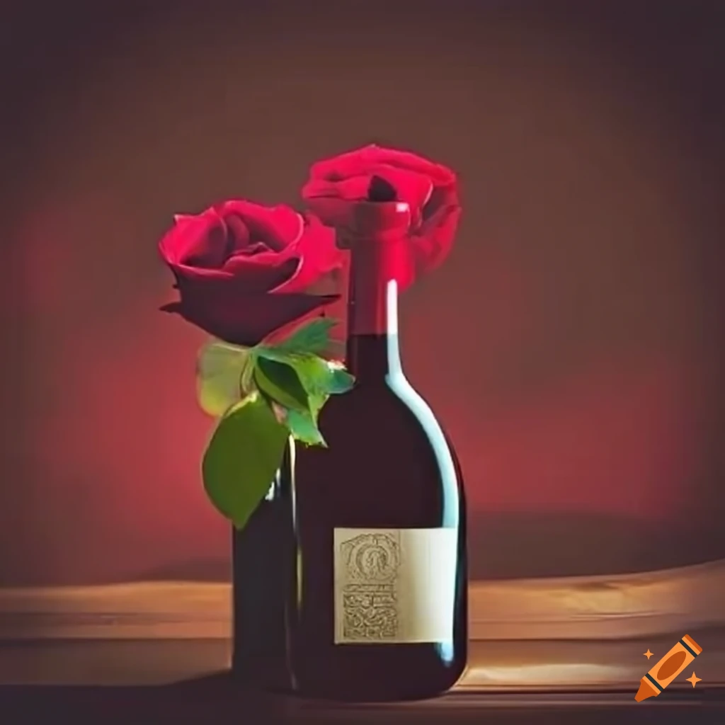 Red roses with a bottle of wine