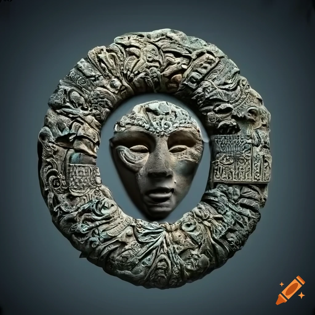 Ultra realistic etruscan letter masks sculpture