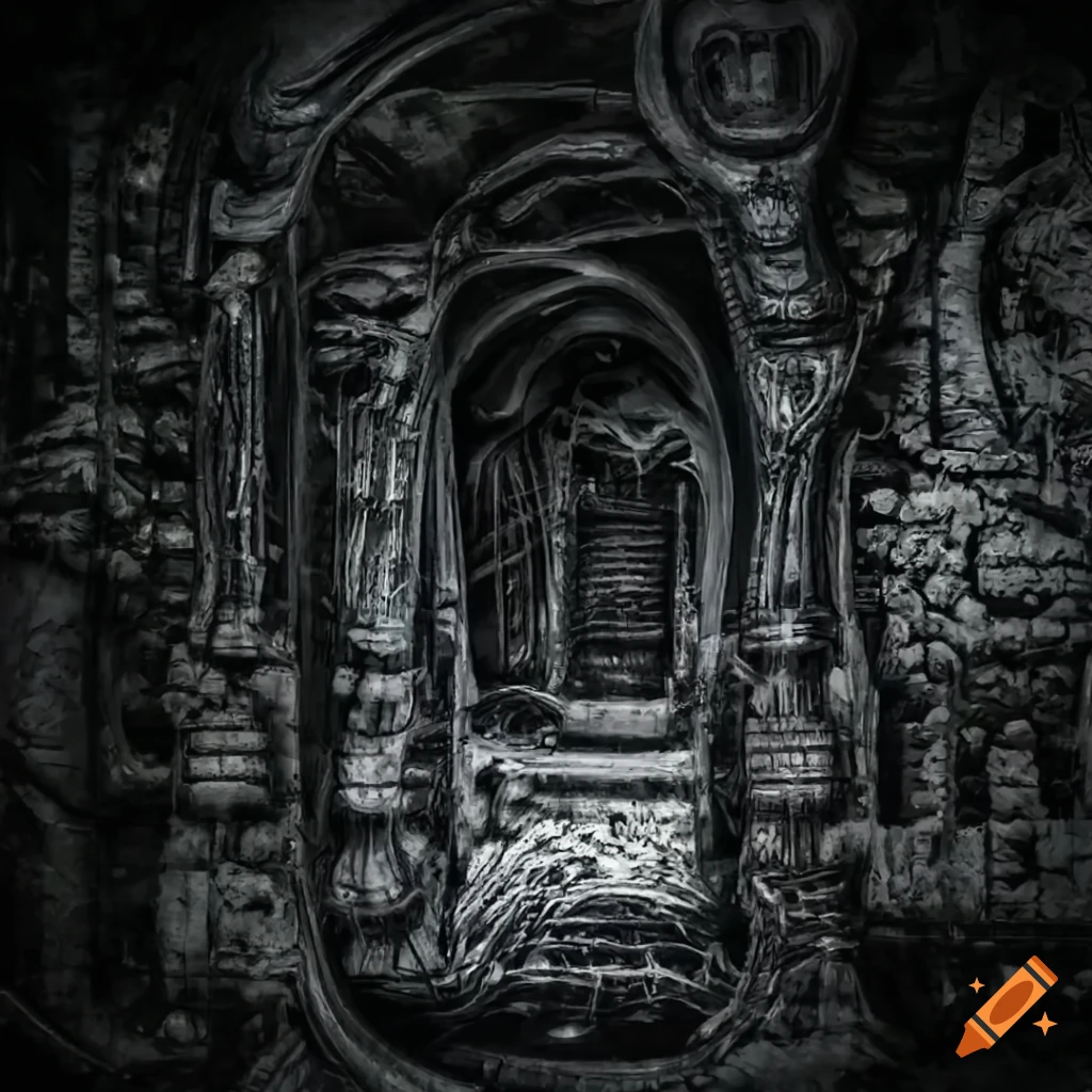 Ruins resembling H.R. Giger's alien artwork in a 2D Metroid game on Craiyon