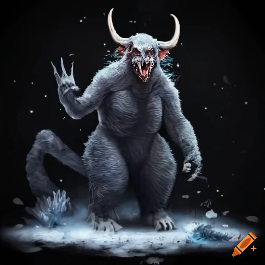Concept art of a hybrid humanoid with fur, horns, and ice plates on Craiyon