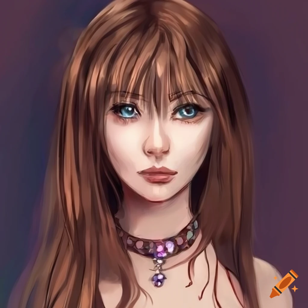 Portrait of a lady with brown hair and necklace in manga style