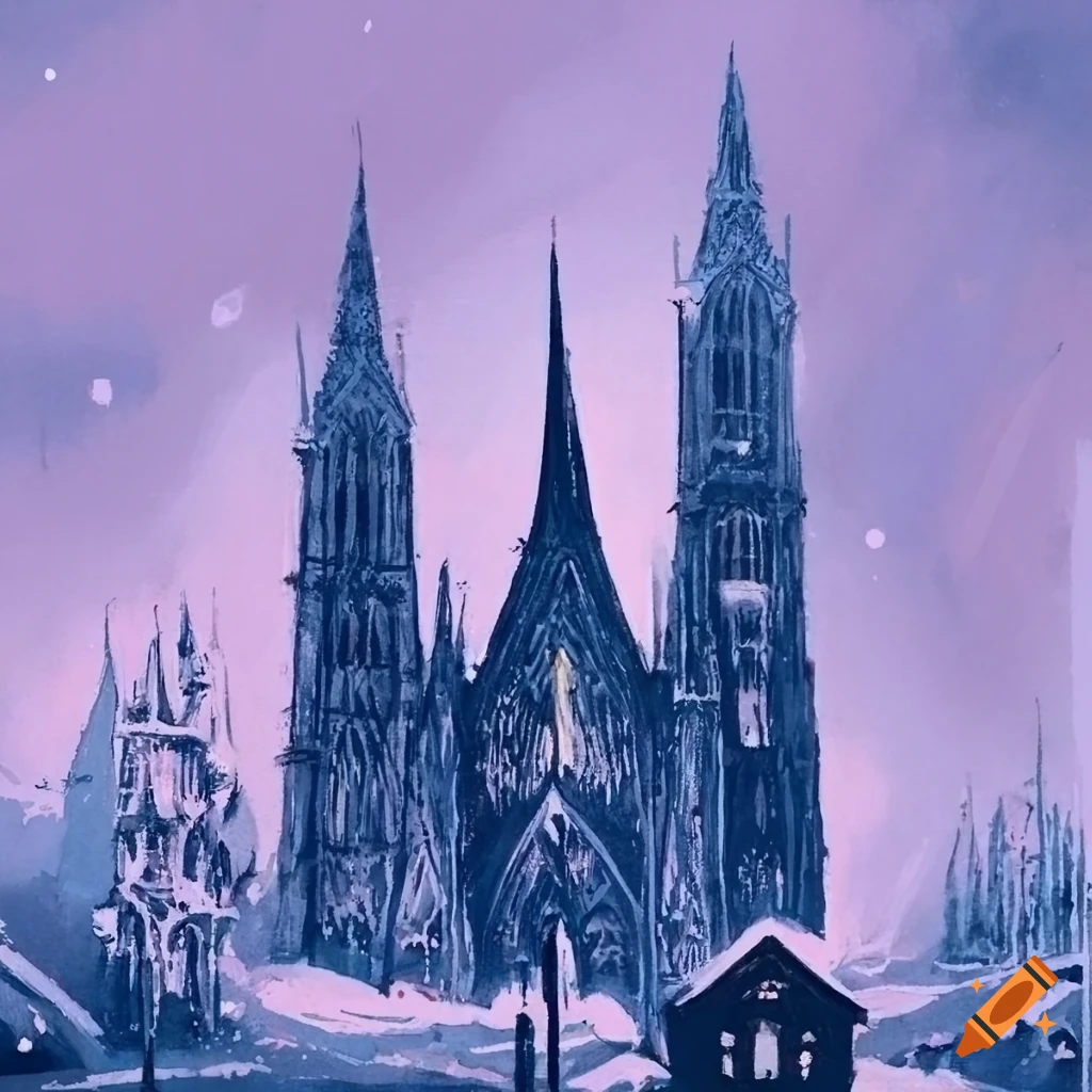 Sketch of a gothic cathedral in the snow at night