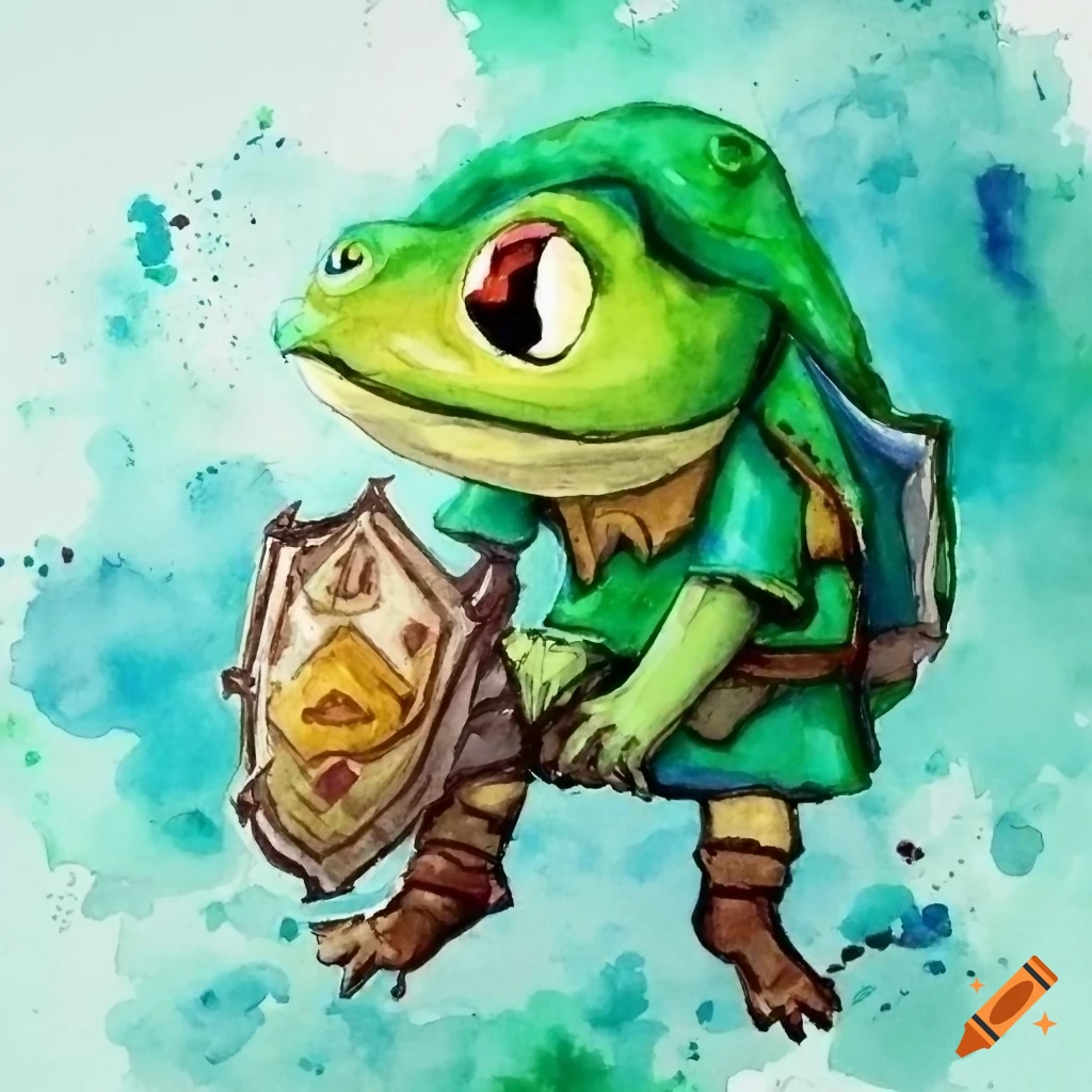 Watercolor of link from legend of zelda as a frog