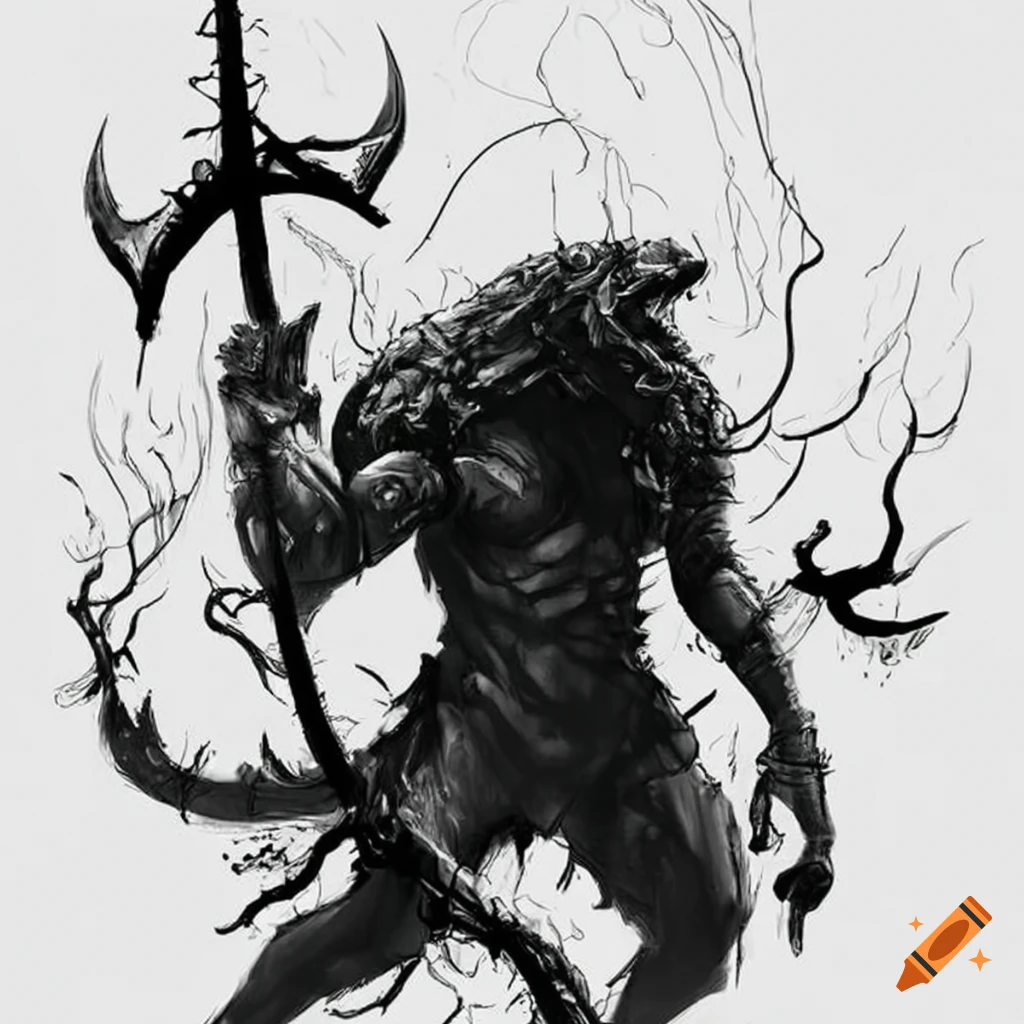 Illustration of a fierce green monster with swords on Craiyon