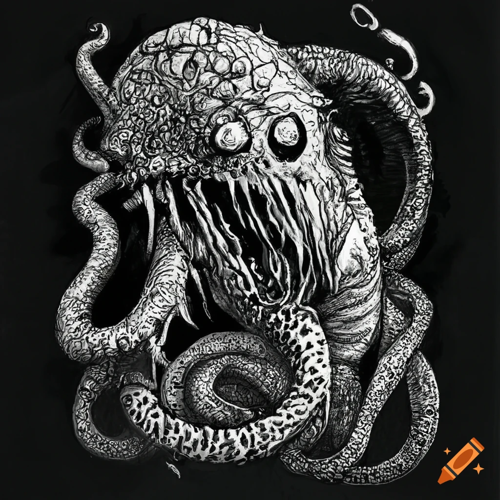 Black and white drawing of a Lovecraftian deep sea monster on Craiyon
