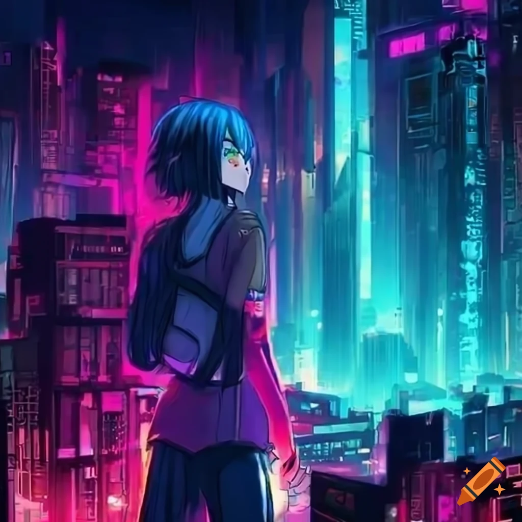 Cyberpunk Anime Character Looking At Neon Cityscape On Craiyon