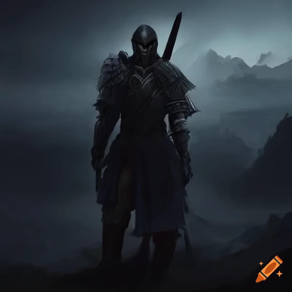 Image of a mysterious warrior overlooking a desolate landscape
