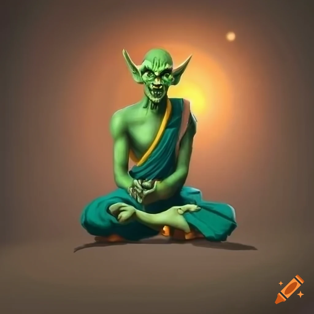 Green goblin monk meditating under the sun on Craiyon