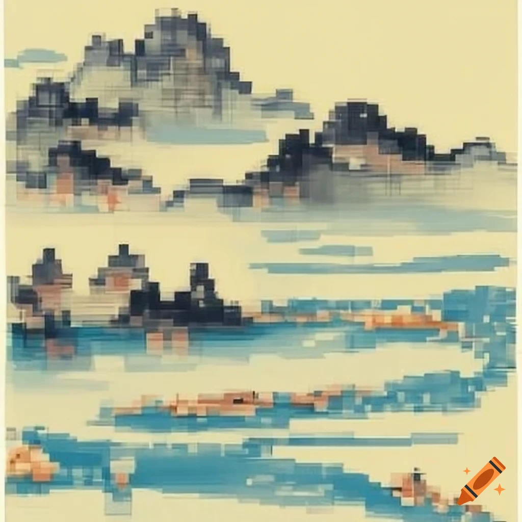 Chinese ink painting of rivers in pixel art on Craiyon