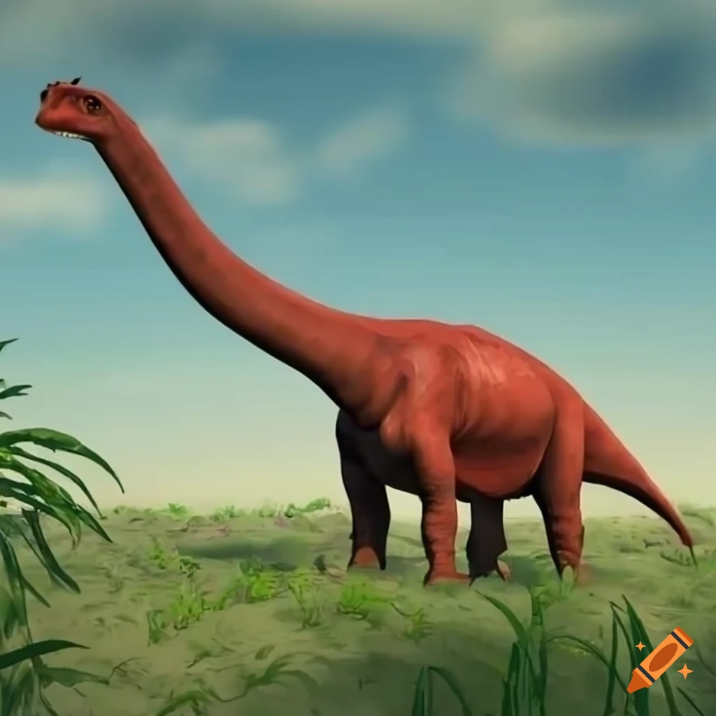Image of a red brachiosaurus in tall vegetation
