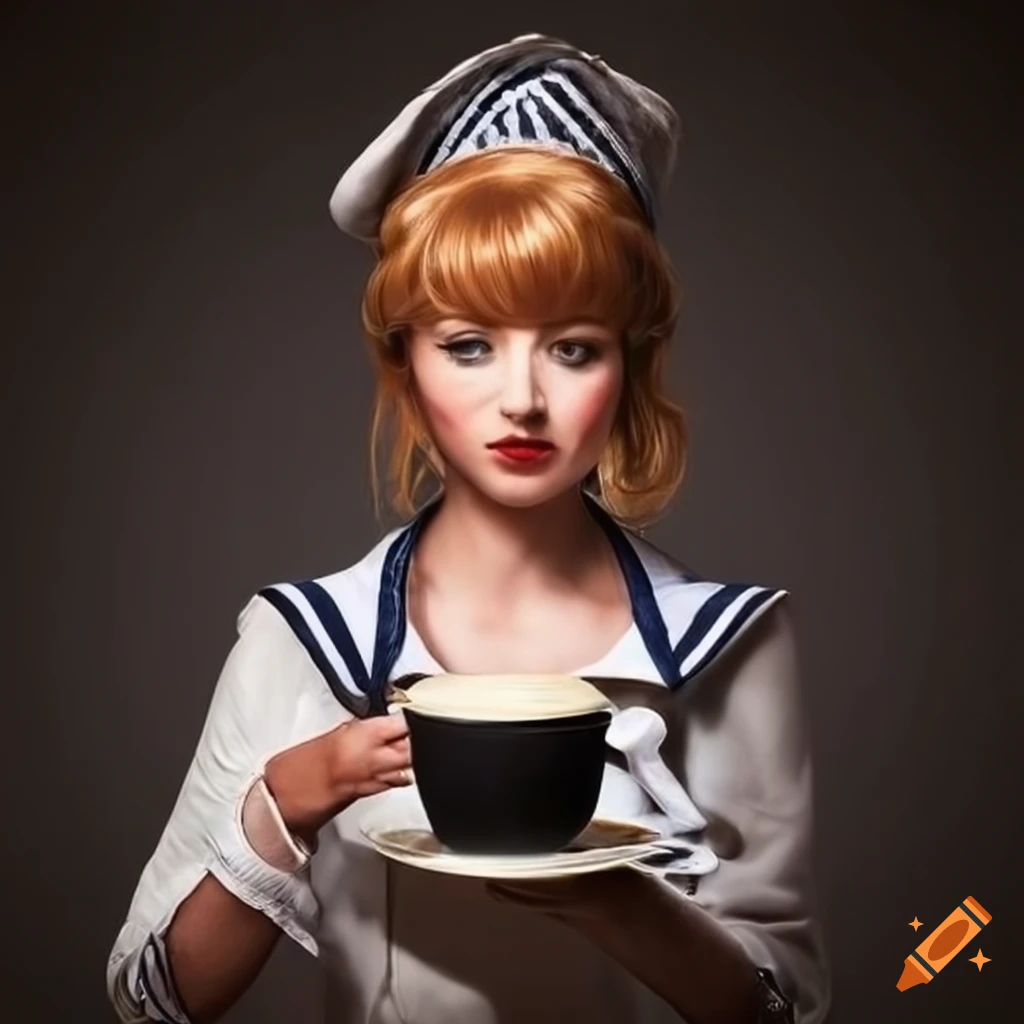 Waitress in sailor costume serving coffee at museum