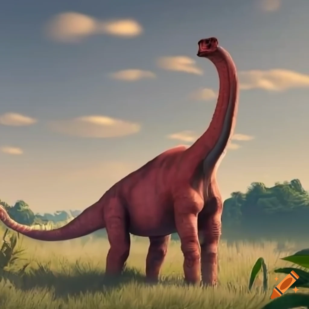 Image of red brachiosaurus in wild vegetation