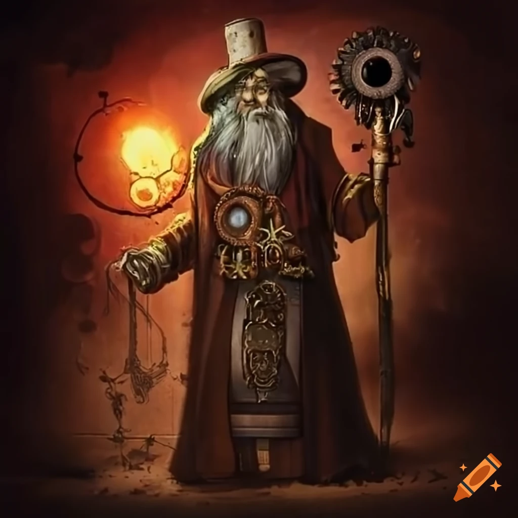 Full body image of an old steampunk inventor on Craiyon