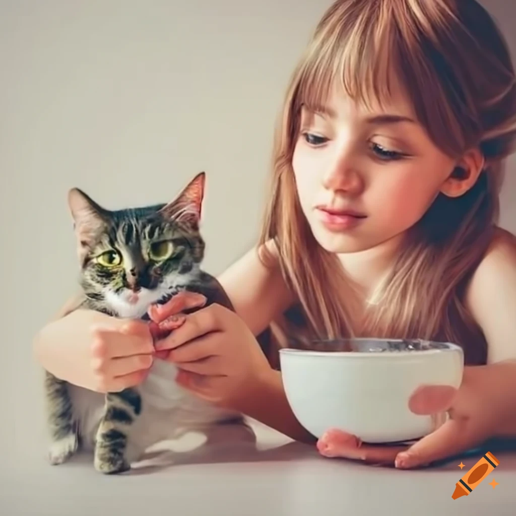 Girl feeding a cat from a bowl on Craiyon