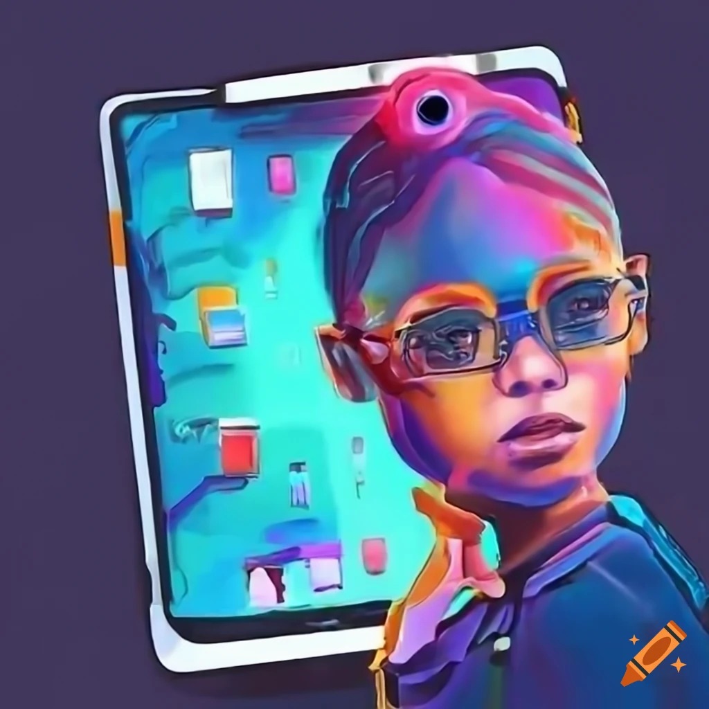 Futuristic artwork of iPads and AI in the classroom on Craiyon