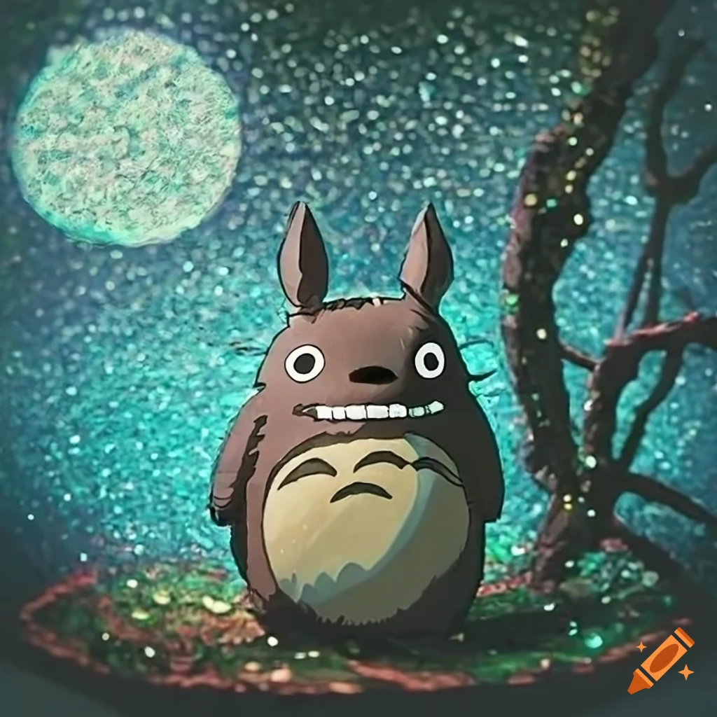 Top-down view of a glittery totoro blade runner inspired diorama on Craiyon