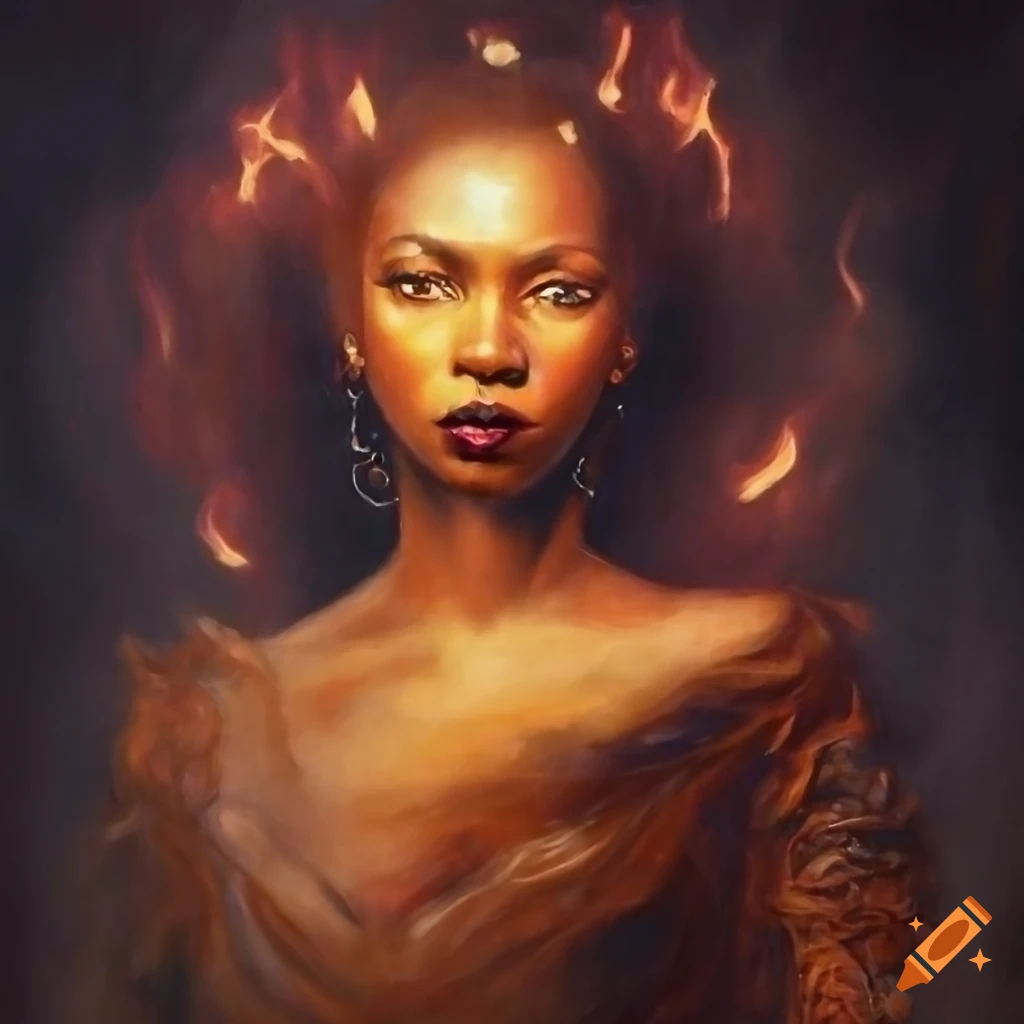 Oil painting of a stunning black woman engulfed in fire