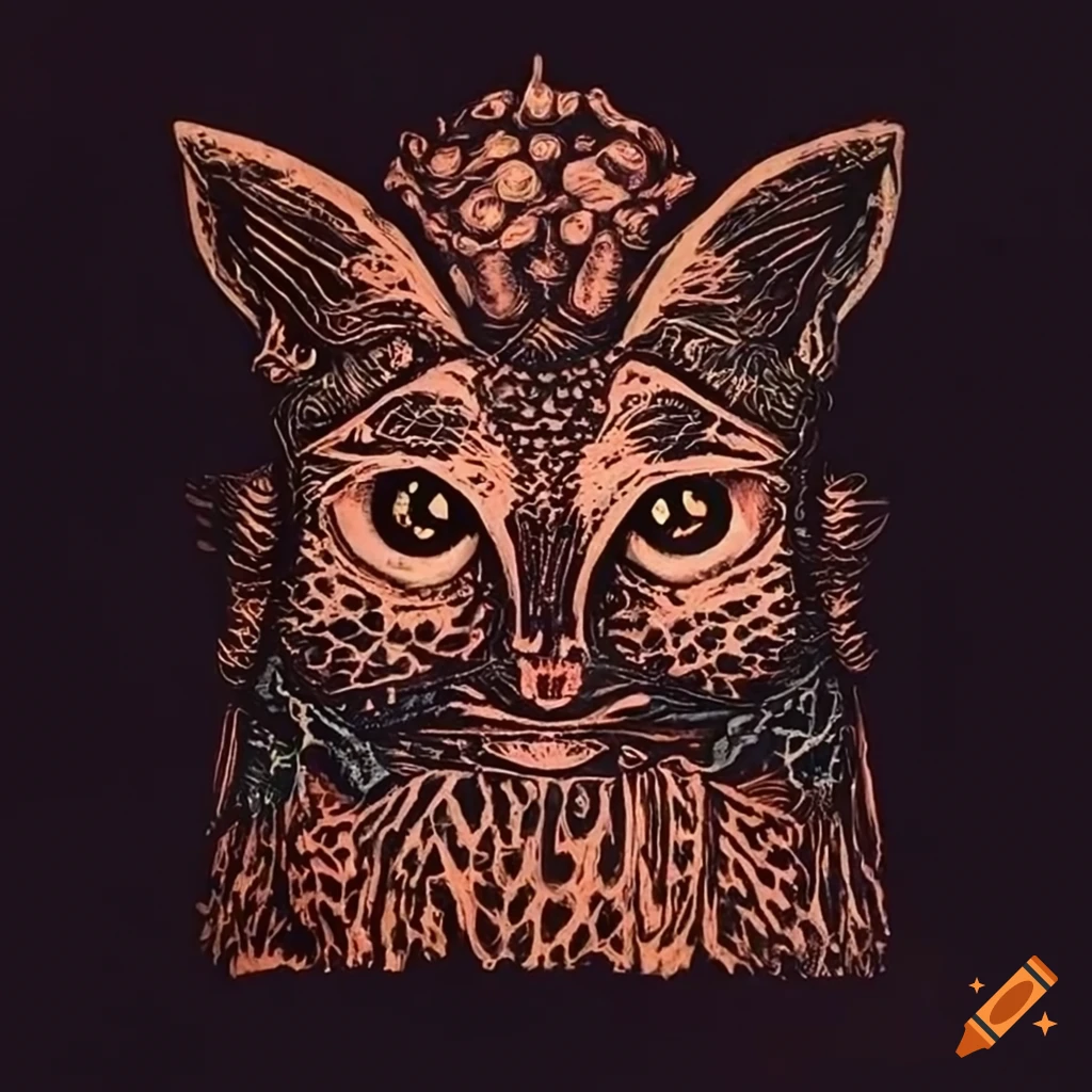 Linoleum print of a captivating creature on Craiyon