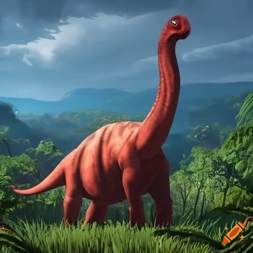 Image of red brachiosaurus in wild vegetation