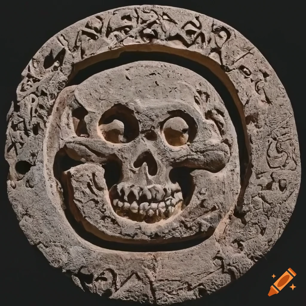 Ancient stone tablet with skull carving on Craiyon