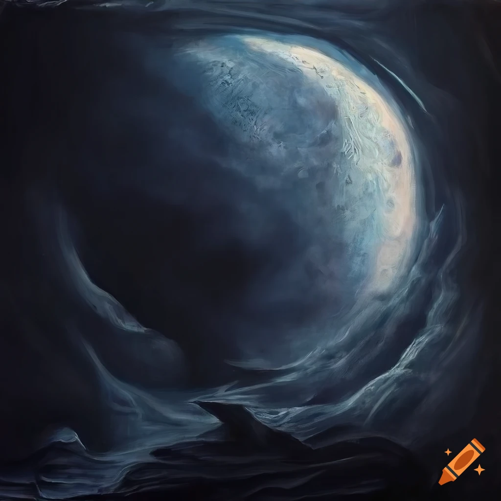 Dark oil painting of a melting cresent moon in the night sky