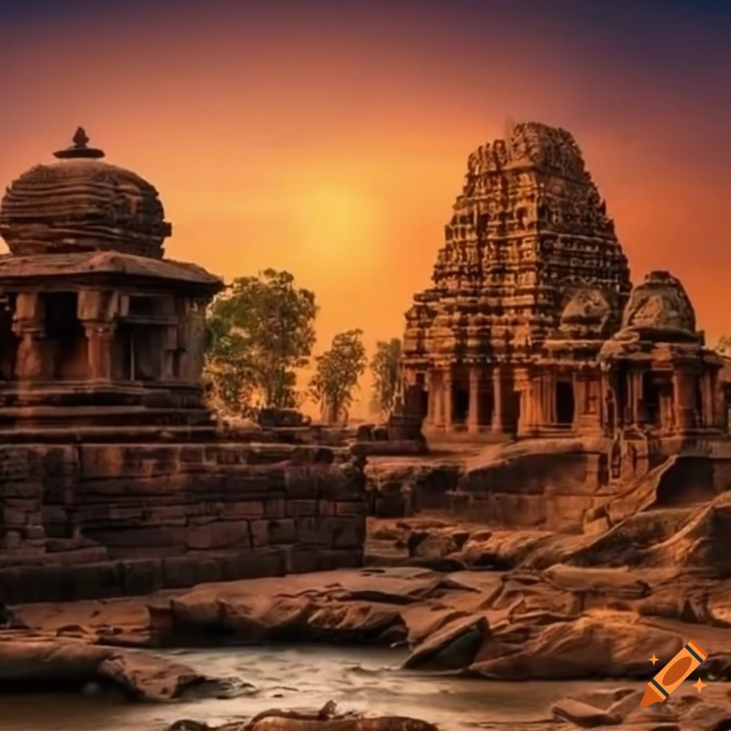 Ancient hindu temple ruins near a river in a desert on Craiyon
