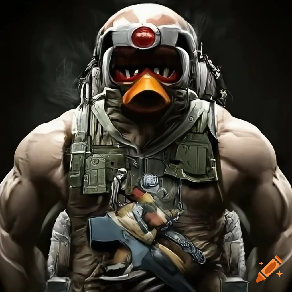 Anthropomorphic duck in soldier attire on a battlefield on Craiyon