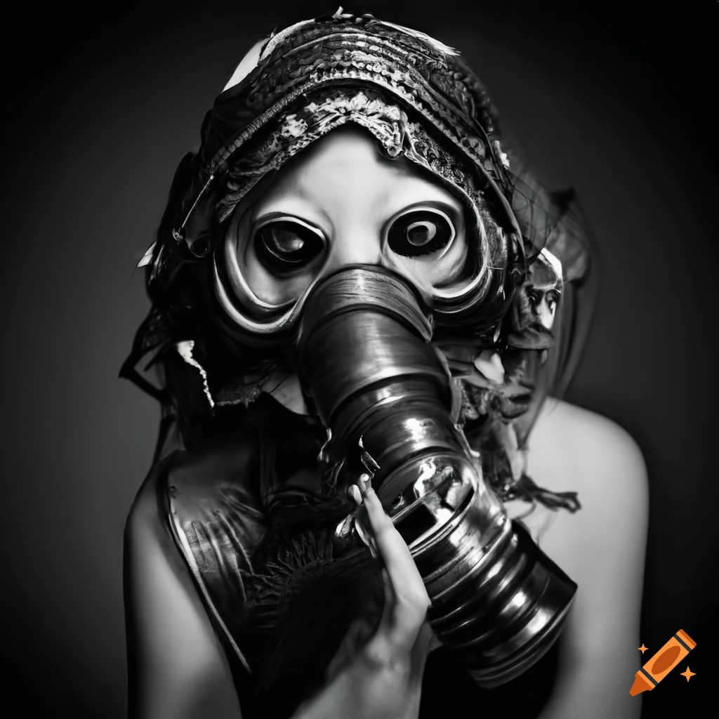 Monochrome portrait of a parisian woman with a steampunk gas mask on ...