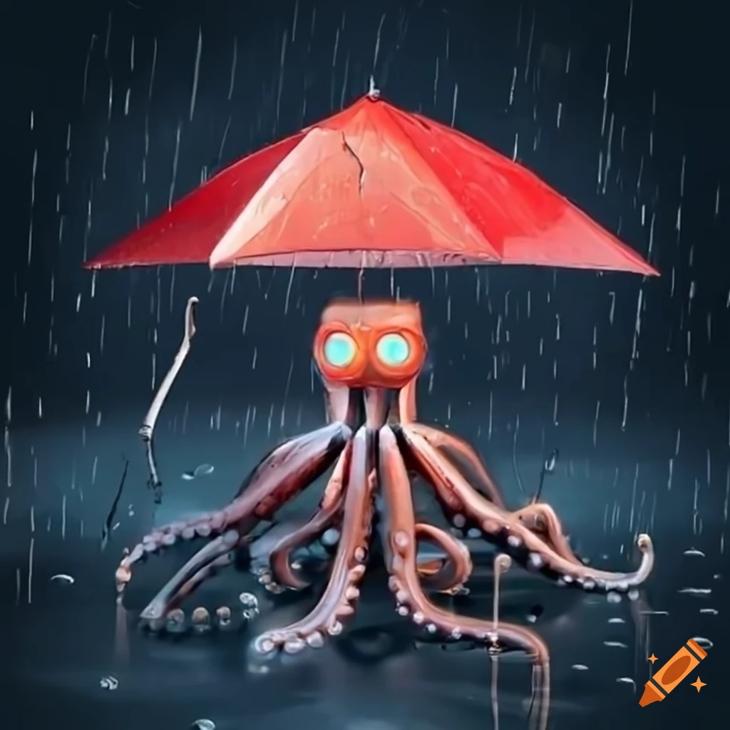Fantasy art of a robot octopus with a broken umbrella