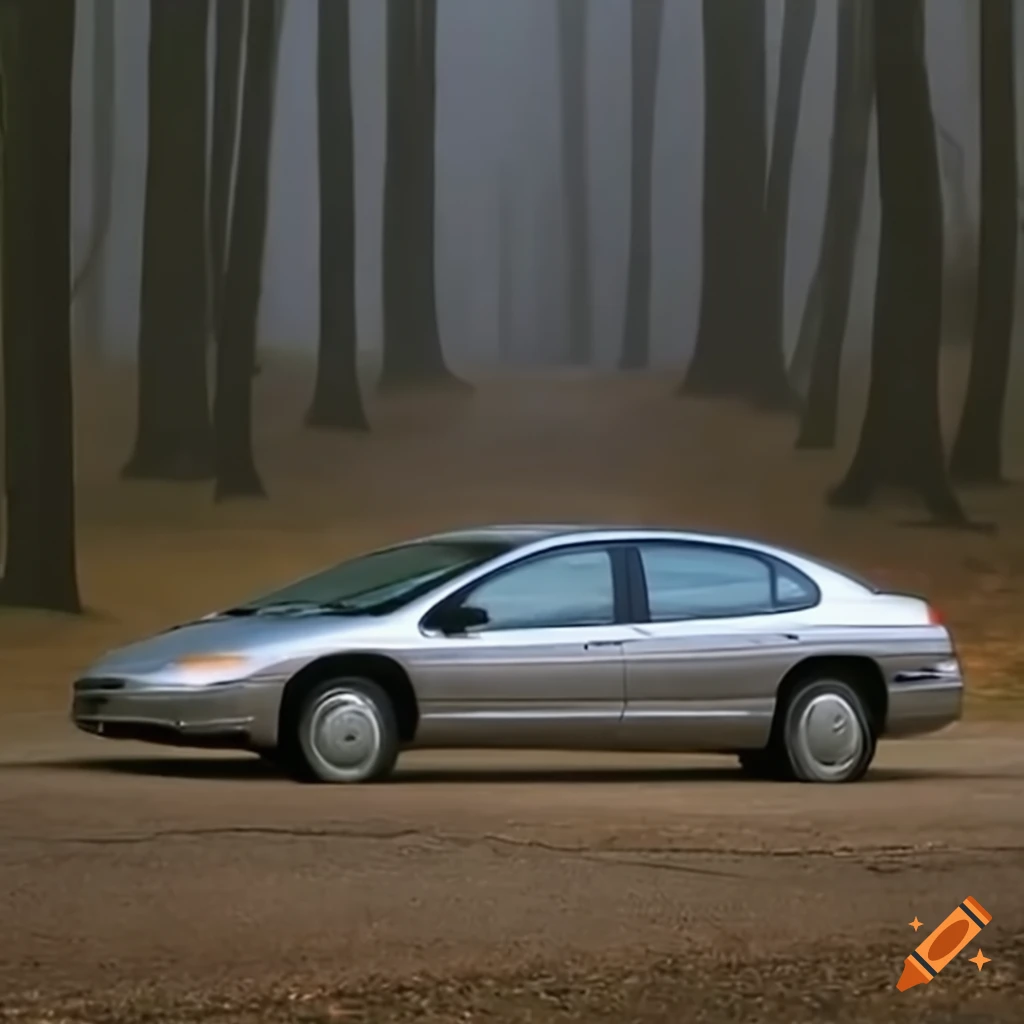 Misty forest road with a vintage Dodge Intrepid on Craiyon