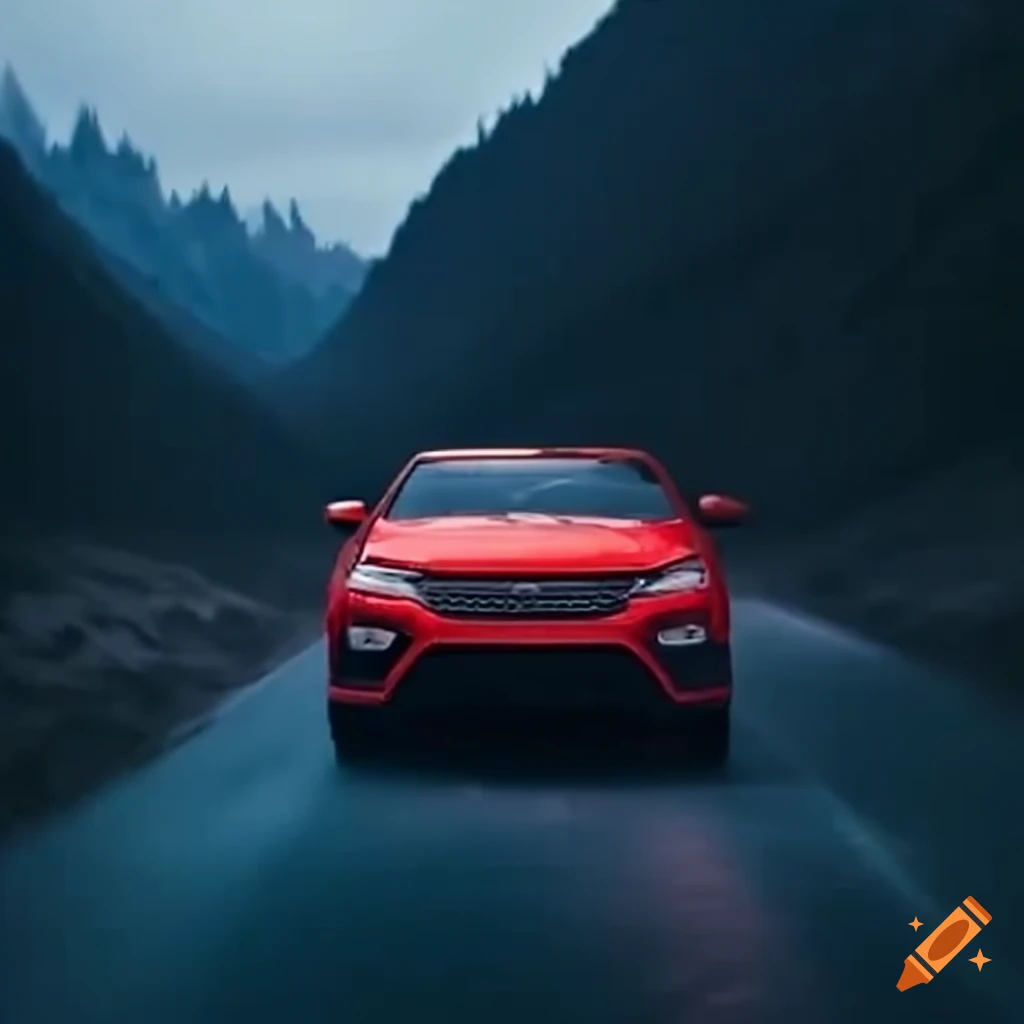 Car driving through scenic mountains on Craiyon