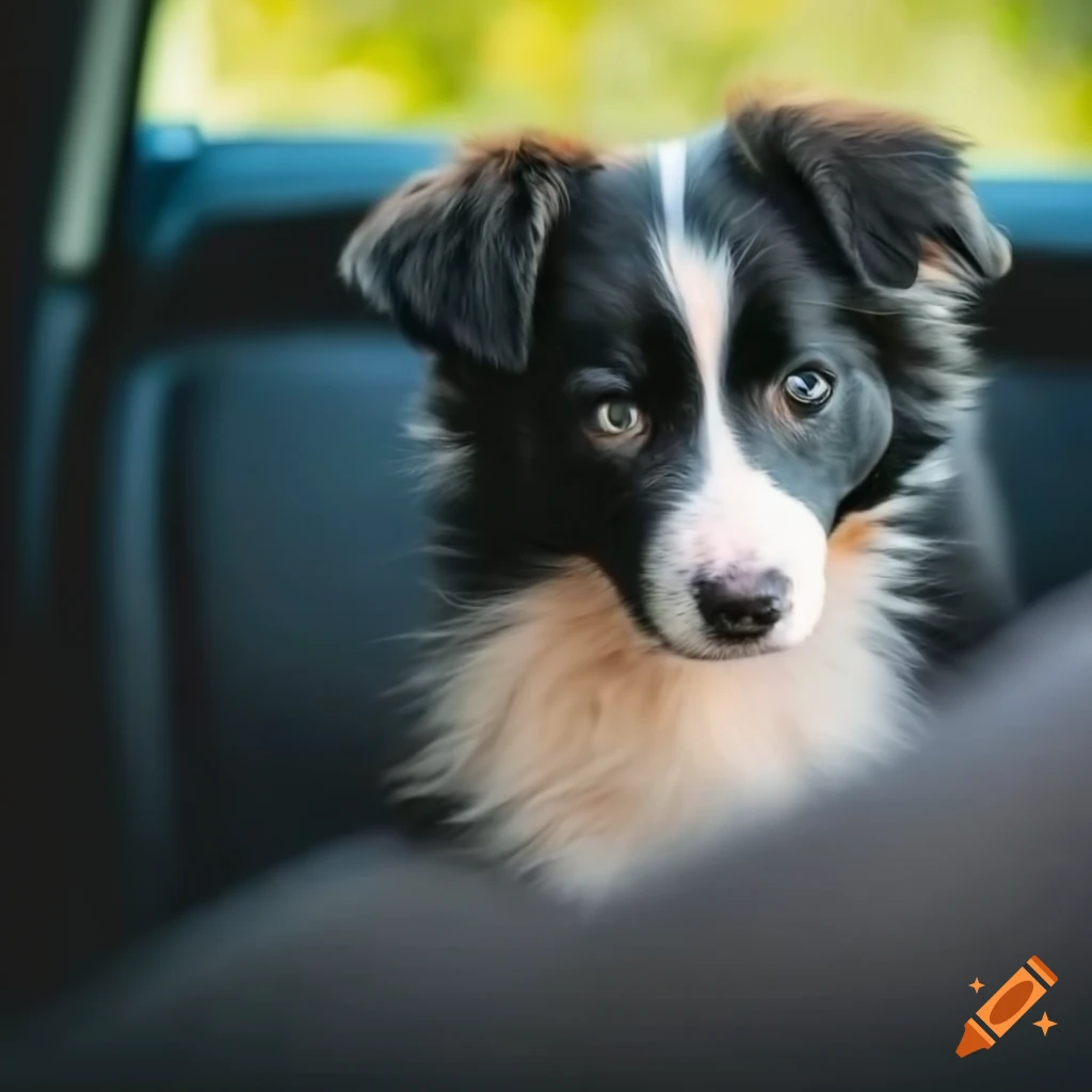Border collie puppy riding in a car on Craiyon