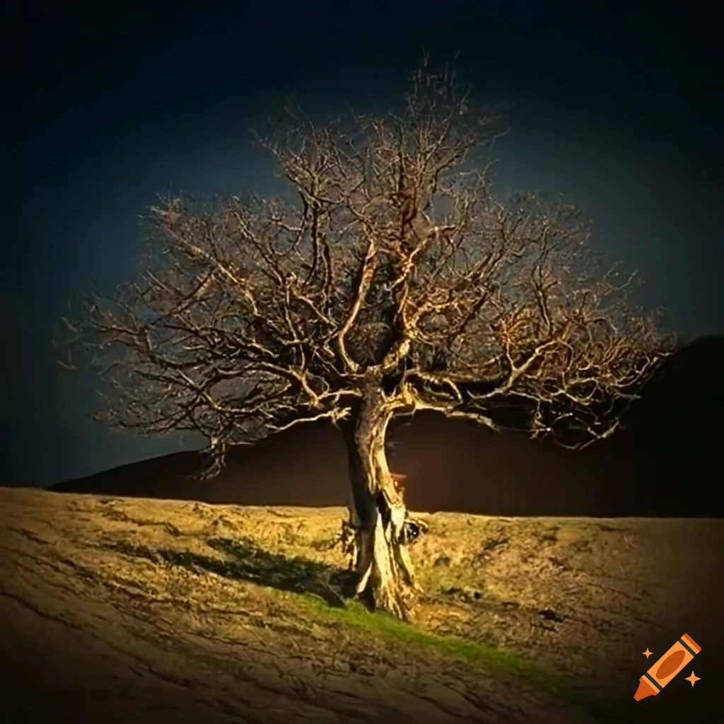 Artistic depiction of a barren tree with clothing tied to its branch on ...