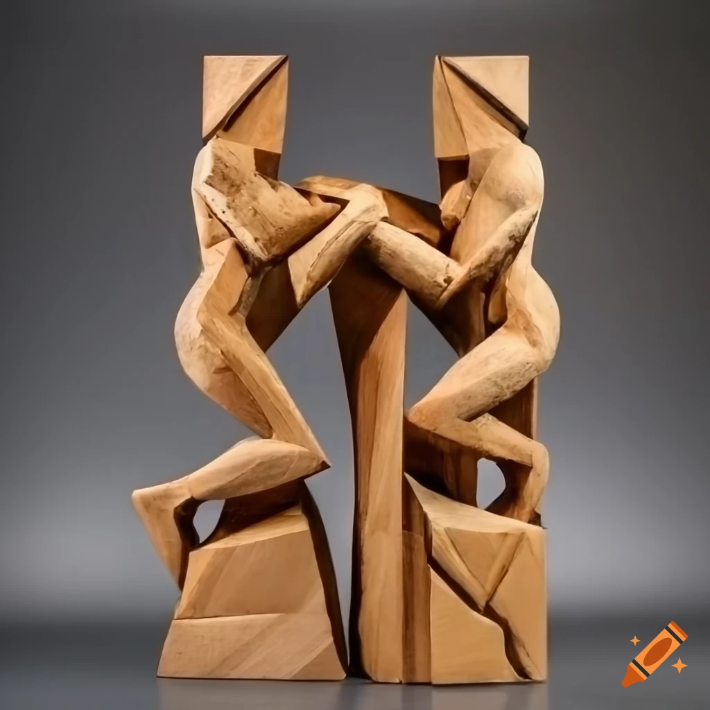 Cubist sculpture of ancient gods in rough wood on Craiyon